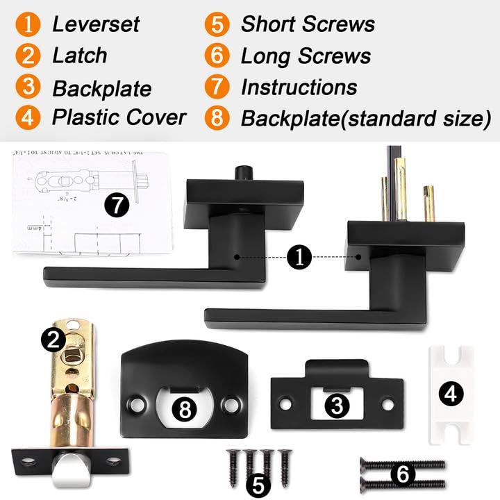 Probrico Matte Black Passage Door Levers Square Hall Closet Handles, Heavy Duty Interior Non-Locking Lever Sets, Reversible for Right & Left Side, 6 Pack