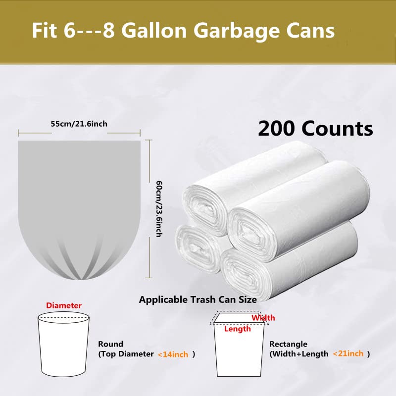 Middle Kitchen Trash Bags,30 Liter 200-Counts /4rolls 21.6'' x 23.6'' Clear White Strong Trash Bags for Home Office Grabage Can 7.5gallon 8 gallon Trash Can Liners