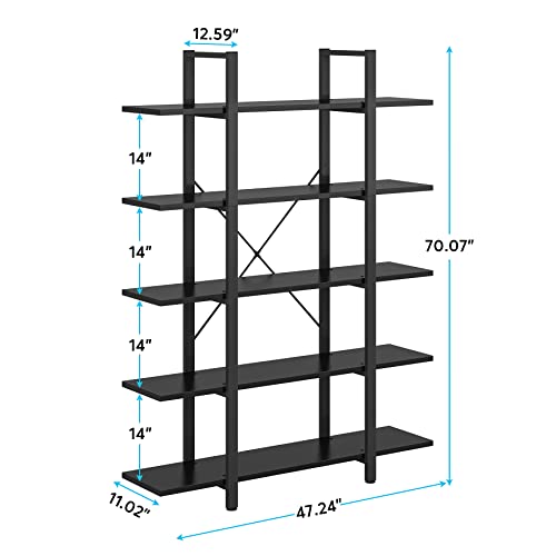 Tribesigns 5-Tier Bookshelf, Vintage Industrial Style Bookcase 72 H x 12 W x 47L Inches, Black