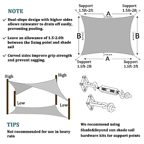 Shade&Beyond 12'x12' Sun Shade Sail Rectangle Canopy Sail Sunshade UV Block for Patio Yard Backyard Light Grey