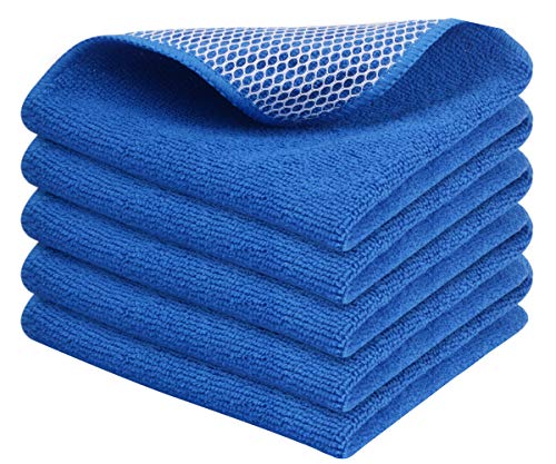 SINLAND Absorbent Microfiber Dish Cloths for Washing Dishes Best Kitchen Cloths Cleaning Cloths with Poly Scour Side 12Inchx12Inch 5 Pack Dark Blue