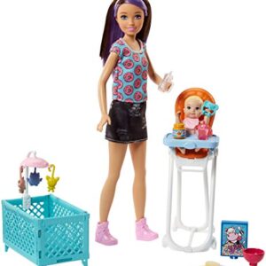 Barbie Babysitting Playset with Skipper Friend Doll, Color-Change Baby Doll, High Chair, Crib and Themed Accessories for 3 to 7 Year Olds