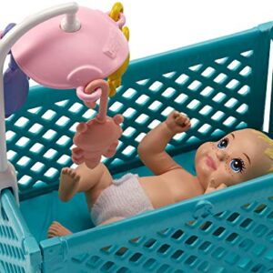 Barbie Babysitting Playset with Skipper Friend Doll, Color-Change Baby Doll, High Chair, Crib and Themed Accessories for 3 to 7 Year Olds