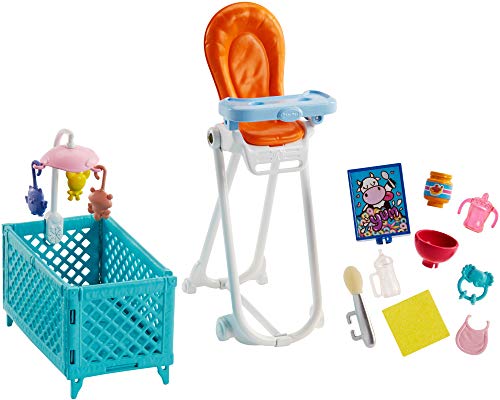 Barbie Babysitting Playset with Skipper Friend Doll, Color-Change Baby Doll, High Chair, Crib and Themed Accessories for 3 to 7 Year Olds