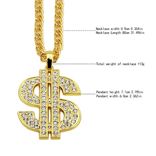 HENGYID Hip Hop Jewelry Gold Necklace Chain with Dollar Sign, 18K Gold Plated Hip Hop Chain Necklace Pendant for Men, 32 inch