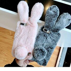 iPhone XR Rabbit Fur Case,Shinetop Bling Diamond Luxury Cute Soft Warm Fluffy Rex Rabbit Fur Case Winter Handmade Bunny Hair Plush with Crystal Bowknot Protective Cover for iPhone XR (2018) 6.1"-Pink