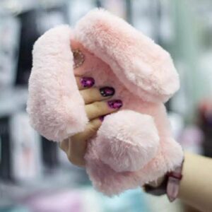 iPhone XR Rabbit Fur Case,Shinetop Bling Diamond Luxury Cute Soft Warm Fluffy Rex Rabbit Fur Case Winter Handmade Bunny Hair Plush with Crystal Bowknot Protective Cover for iPhone XR (2018) 6.1"-Pink