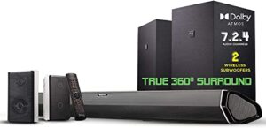 nakamichi shockwafe elite 7.2.4 channel 800w dolby atmos/dts:x soundbar with dual 8” subwoofers (wireless) & 2 rear surround speakers. enjoy plug and play true 360° cinema sound & room-shaking bass