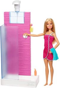 barbie doll and furniture set, bathroom with working shower and three bath accessories, gift set for 3 to 7 year olds​​