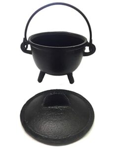 new age imports, inc. cast iron cauldron w/handle & lid, ideal for smudging, incense burning, ritual purpose, decoration, halloween decoration, candle holder, etc. (pot style 4" dia (br90))