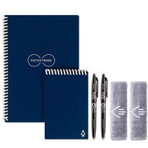 rocketbook smart reusable notebook set - dot-grid eco-friendly notebook with 2 pilot frixion pens & 2 microfiber cloths included - midnight blue covers, executive (6" x 8.8”) & mini size (3.5" x 5.5")