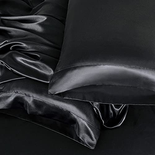 Homiest 4pcs Satin Sheets Set Luxury Silky Satin Bedding Set with Deep Pocket, 1 Fitted Sheet + 1 Flat Sheet + 2 Pillowcases (Queen Size, Black)