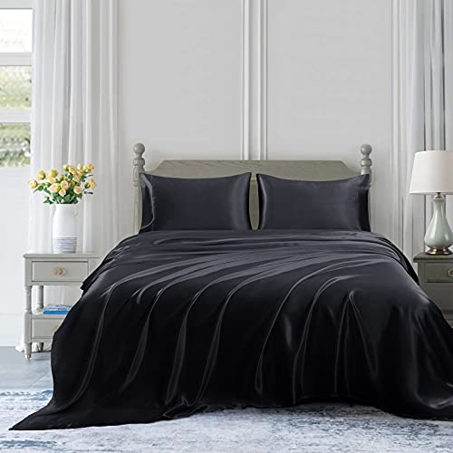 Homiest 4pcs Satin Sheets Set Luxury Silky Satin Bedding Set with Deep Pocket, 1 Fitted Sheet + 1 Flat Sheet + 2 Pillowcases (Queen Size, Black)