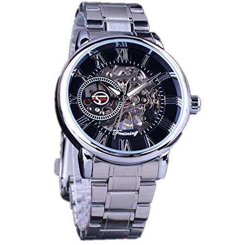 FORSINING Golden Transparent Case Stainless Steel Mens Watches Luxury Skeleton Mechanical Hand Wind Watch