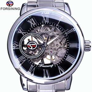 FORSINING Golden Transparent Case Stainless Steel Mens Watches Luxury Skeleton Mechanical Hand Wind Watch