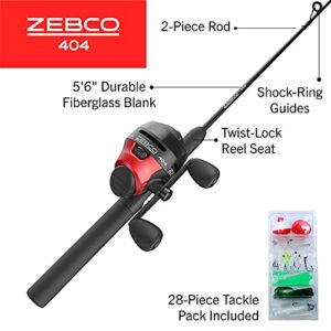 Zebco 404 Spincast Reel and Fishing Rod Combo, 5'6" 2-Piece Durable Fiberglass Rod with EVA Handle, Quickset Anti-Reverse Reel with Built-in Bite Alert, 28-Piece Tackle Pack,Black/Red