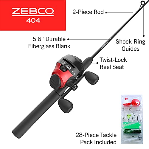 Zebco 404 Spincast Reel and Fishing Rod Combo, 5'6" 2-Piece Durable Fiberglass Rod with EVA Handle, Quickset Anti-Reverse Reel with Built-in Bite Alert, 28-Piece Tackle Pack,Black/Red