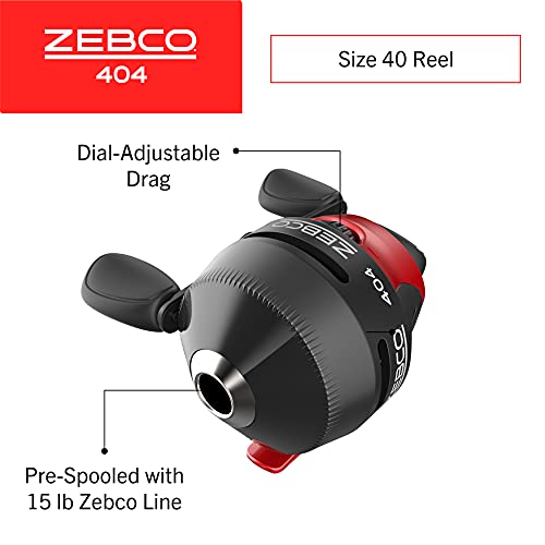 Zebco 404 Spincast Reel and Fishing Rod Combo, 5'6" 2-Piece Durable Fiberglass Rod with EVA Handle, Quickset Anti-Reverse Reel with Built-in Bite Alert, 28-Piece Tackle Pack,Black/Red