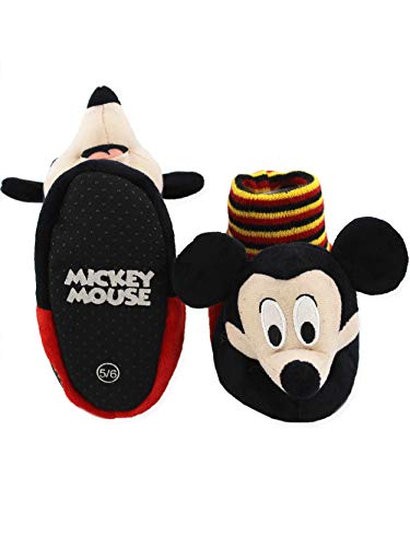 Disney Mickey Mouse Toddler Boys Plush 3D Mickey Head Sock Top Slippers (7-8 M US Toddler, Black/Red)