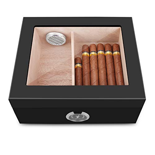 Cigar Humidor, Spanish Cedar Wood Cigar Desktop Box, Glass Top for 25-50 Cigars Luxury Hygrometer and Humidifier, Desktop Humidors Gloss Black