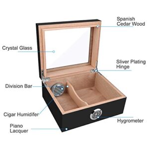 Cigar Humidor, Spanish Cedar Wood Cigar Desktop Box, Glass Top for 25-50 Cigars Luxury Hygrometer and Humidifier, Desktop Humidors Gloss Black