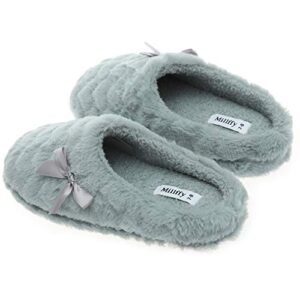 Womens Mens Indoor Slippers Winter Warm Fuzzy Plush Fur Anti-Slip House Bedroom Slippers (US 5-6, Grey)