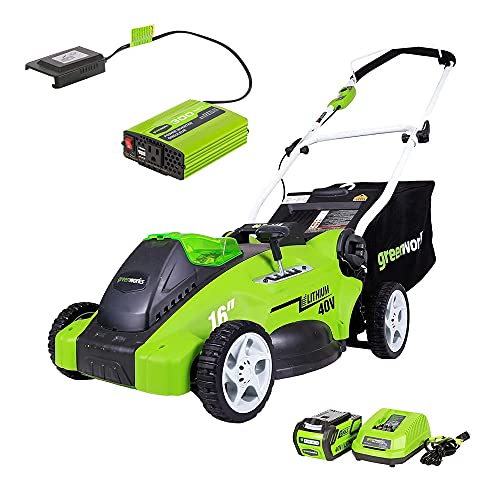 Greenworks 40V 16" Cordless Electric Lawn Mower + 40V (300W) Power Inverter, 4.0Ah Battery and Charger Included