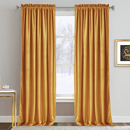 RYB HOME Velvet Curtains 84 inches - Super Soft Home Decor Room Darkening Curtains for Living Room, Thermal Insulated Velvet Drapes for Bedroom Theatre Decoration, W52 x L84 inch, Marigold, 2 Pcs