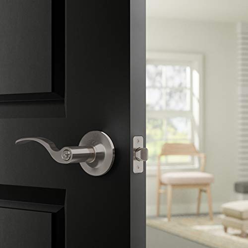 Amazon Basics Shelby Door Lever with Lock, Entry, Satin Nickel