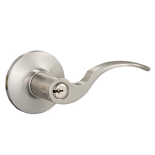 Amazon Basics Shelby Door Lever with Lock, Entry, Satin Nickel