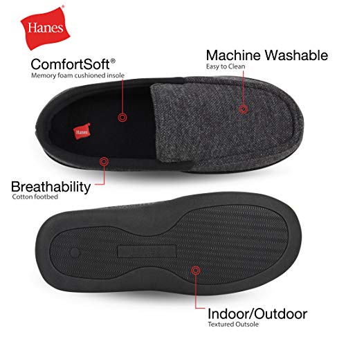 Hanes Mens Slippers House Shoes Moccasin Comfort Memory Foam Indoor Outdoor Fresh IQ,Dark Black,Medium