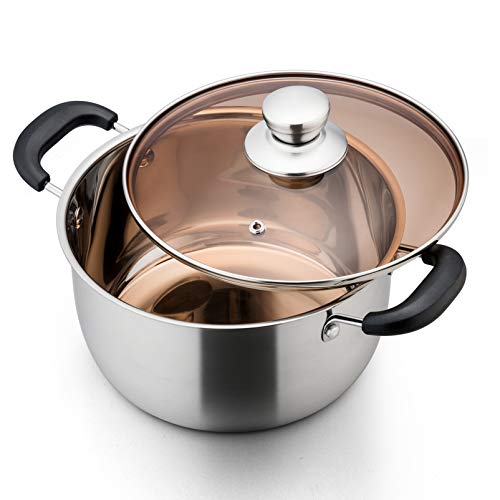 Stainless Steel Stock Pot, P&P CHEF 3 Quart Pot with Lid, Heat-Proof Double Handles - Sliver Stainless Steel Pot and Glass Lid