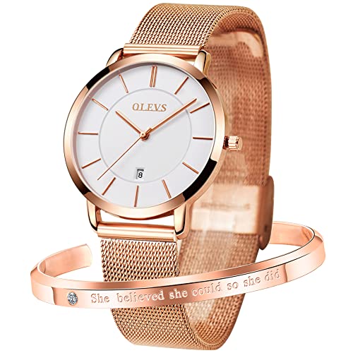 OLEVS Watches for Women Bracelet Gifts Set Ultra Thin Minimalist Fashion Rose Gold Ladies Slim Casual Dress Quartz White Face Dial Analog Date Wrist Watch Waterproof with Classic Mesh Band Golden