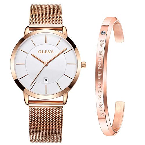 OLEVS Watches for Women Bracelet Gifts Set Ultra Thin Minimalist Fashion Rose Gold Ladies Slim Casual Dress Quartz White Face Dial Analog Date Wrist Watch Waterproof with Classic Mesh Band Golden