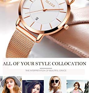 OLEVS Watches for Women Bracelet Gifts Set Ultra Thin Minimalist Fashion Rose Gold Ladies Slim Casual Dress Quartz White Face Dial Analog Date Wrist Watch Waterproof with Classic Mesh Band Golden