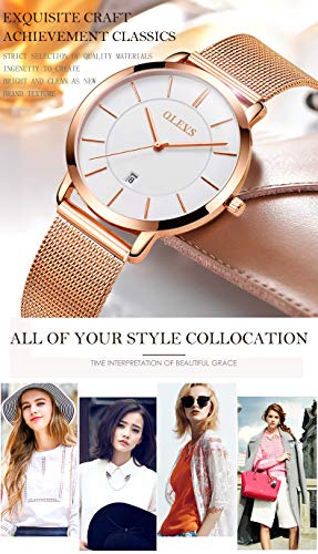 OLEVS Watches for Women Bracelet Gifts Set Ultra Thin Minimalist Fashion Rose Gold Ladies Slim Casual Dress Quartz White Face Dial Analog Date Wrist Watch Waterproof with Classic Mesh Band Golden