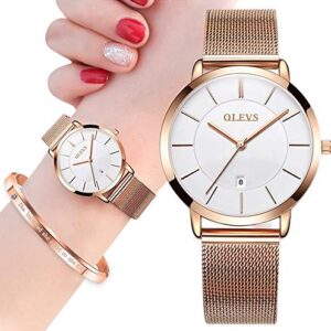 OLEVS Watches for Women Bracelet Gifts Set Ultra Thin Minimalist Fashion Rose Gold Ladies Slim Casual Dress Quartz White Face Dial Analog Date Wrist Watch Waterproof with Classic Mesh Band Golden