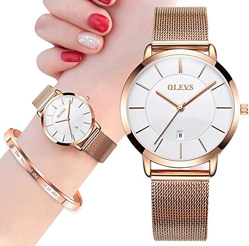 OLEVS Watches for Women Bracelet Gifts Set Ultra Thin Minimalist Fashion Rose Gold Ladies Slim Casual Dress Quartz White Face Dial Analog Date Wrist Watch Waterproof with Classic Mesh Band Golden