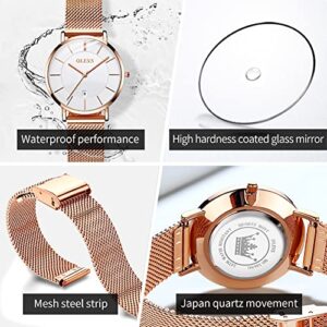 OLEVS Watches for Women Bracelet Gifts Set Ultra Thin Minimalist Fashion Rose Gold Ladies Slim Casual Dress Quartz White Face Dial Analog Date Wrist Watch Waterproof with Classic Mesh Band Golden