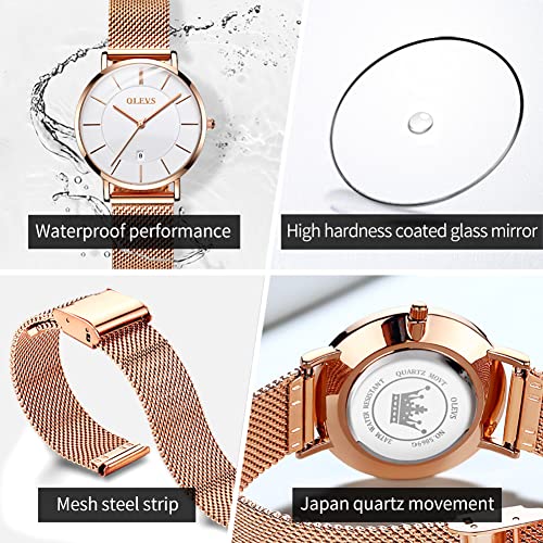 OLEVS Watches for Women Bracelet Gifts Set Ultra Thin Minimalist Fashion Rose Gold Ladies Slim Casual Dress Quartz White Face Dial Analog Date Wrist Watch Waterproof with Classic Mesh Band Golden