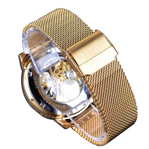 MASTOP Men's Hand-Wind Mechanical Wrist Watch Golden Black Stainless Steel Top Brand with Luxury Skeleton Dial (Gold White)