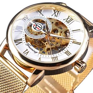 MASTOP Men's Hand-Wind Mechanical Wrist Watch Golden Black Stainless Steel Top Brand with Luxury Skeleton Dial (Gold White)