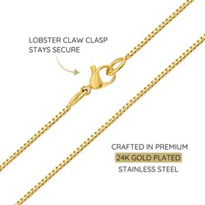 KISPER 24k Gold Box Chain Necklace – Thin, Dainty, Gold Plated Stainless Steel Jewelry for Women with Lobster Clasp, 36"