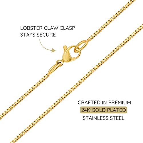 KISPER 24k Gold Box Chain Necklace – Thin, Dainty, Gold Plated Stainless Steel Jewelry for Women with Lobster Clasp, 36"