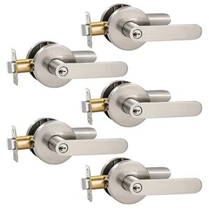 knobonly 5 pack of front door locks, exterior door levers with locks and keys in satin nickel finish, durable modern heavy duty entry/entrance security door handle set