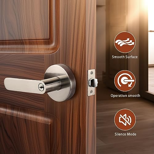 Knobonly Entry Door Handles with Lock and Keys, Satin Nickel Finish Front Exterior Door Levers Keyed Alike, Modern Heavy Duty Entry/Entrance Door Handle Set 1 Pack