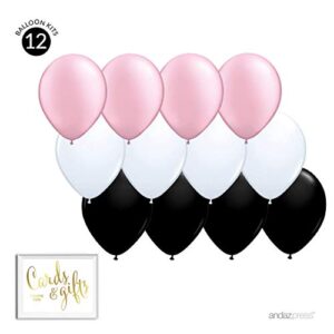 Andaz Press 11-inch Balloon Trio Party Kit with Gold Cards & Gifts Sign, Blush Pink, White, Black, 12-Pack, Paris, Ooh La La, Poodle, Llama, Theme Supplies, Fill with Air or Helium