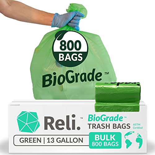 Reli. Biodegradable 13 Gallon Trash Bags | 800 Count Bulk | ASTM D6954 | Green | Eco-Friendly | Oxobiodegradable Under Certain Conditions (See Product Description)