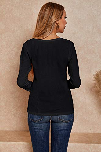 Womens V Neck Waffle Knit Shirts Long Sleeve Loose Fitting Warm Tee Tops Sweaters Pullovers Black