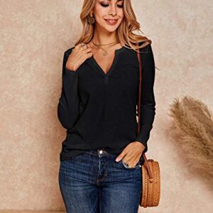 Womens V Neck Waffle Knit Shirts Long Sleeve Loose Fitting Warm Tee Tops Sweaters Pullovers Black